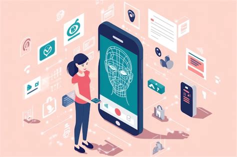 Isometric Web Concept With Biometric Control A Woman Uses Fingerprint