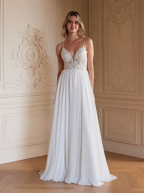 Robe trapèze Mousseline Dentelle Col V Mancheless Balayage Pinceau train Robe de mariéees Flormiss