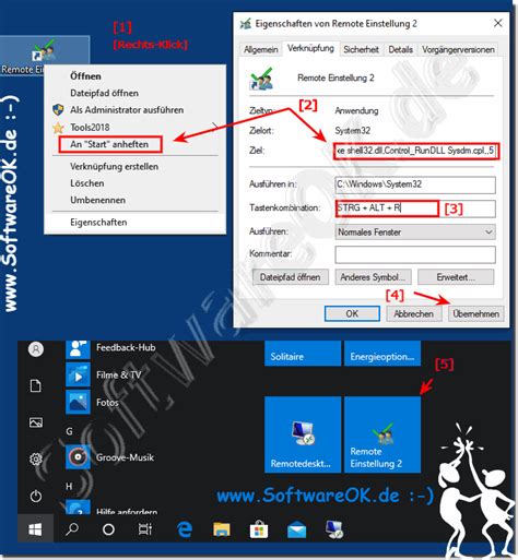 Remote Einstellungen Verknüpfung am Desktop und Start Menu