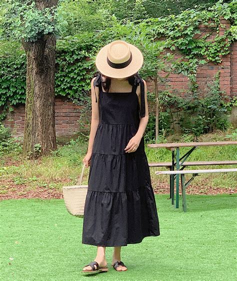 4col 코넛 끈 나시 리본 캉캉 셔링 롱 맥시 휴양지 원피스