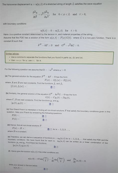 Solved The Transverse Displacement U U X T Of A Stretched Chegg Com