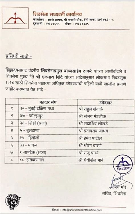 Lok Sabha Elections 2024 Eknath Shinde Led Shiv Sena Releases List Of