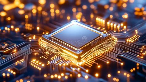 A Close Up View Reveals The Intricate Design Of A Microchip Glowing With Bright Lights On A