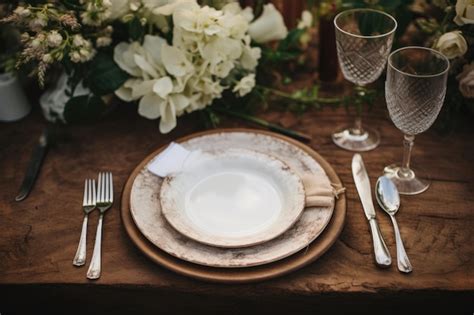 A Simple Wooden Table Adorned With A Neat Arrangement Of White Plates