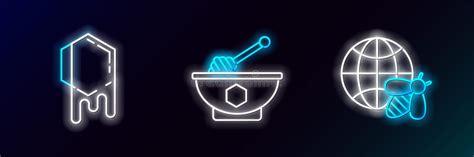 Set Line Honeycomb Map Of The World And Bee And Dipper Stick Bowl Icon