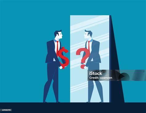 혼란을 묘사 하는 물음표를 반영 하는 거울 동안 달러 기호로 사업가 컨셉 비즈니스 그림입니다 평면 벡터 결정에 대한 스톡 벡터