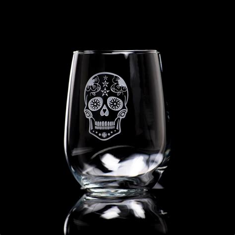 Sugar Skull 17oz Stemless Wine Tumbler Glass Set Of 4 Rolf Glass