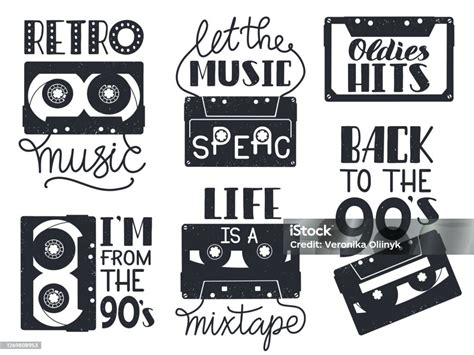 복고풍 카세트 레터링 손으로 그린 90 년대 복고풍 음악 아날로그 오디오 카세트 테이프 문구 80 년대 오디오 레코드 테이프 레터링 벡터 아이콘 세트 믹스테이프에 대한 스톡