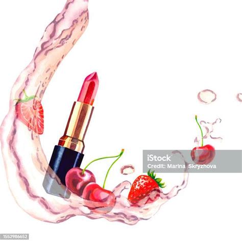 딸기와 체리를 곁들인 물보라에 여성용 립스틱 고립된 배경에 수채화 그림 아름다움과 패션 화장품 0명에 대한 스톡 벡터 아트 및