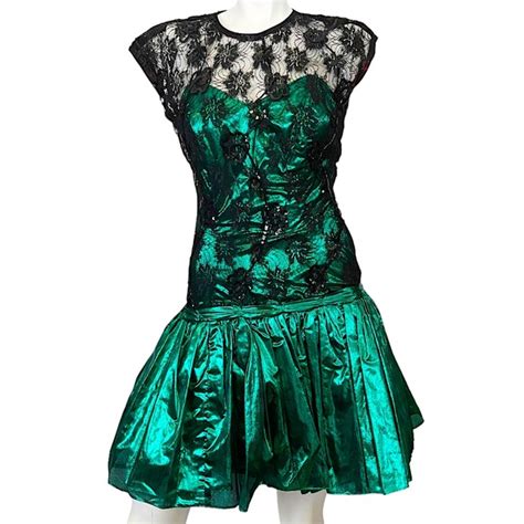 LA Glo Dresses Vintage 9s Metallic Green Black Lace Drop Waist