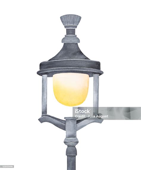 큰 둥근 전구와 검은 빈티지 가로등 물 색깔 그리기 하나의 개체입니다 흰색 배경에 손으로 그린 수채화 그래픽 일러스트 디자인 장식컷 클립 아트 세부 사항 가로등에 대한 스톡