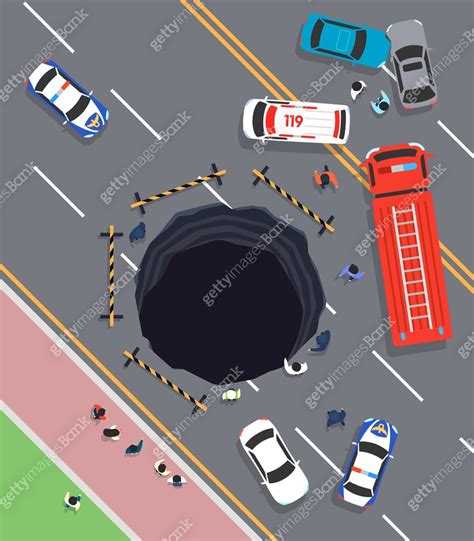 사고 위험 컨셉 도로 싱크홀 움푹패인구멍 상태 안전 자동차 피해 탑앵글 카메라앵글 이미지 Jv13685373 일러스트 무료 일러스트 게티이미지뱅크