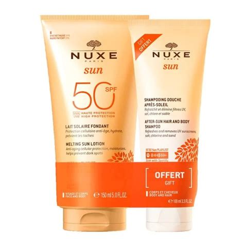 НУКС Sun ПРОМО КОМПЛЕКТ Spf50 слънцезащитен лосион за лице и тяло 150 мл шампоан за коса и