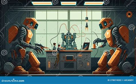 Robots With Scientists In Protective Suit Making Experiments In Lab