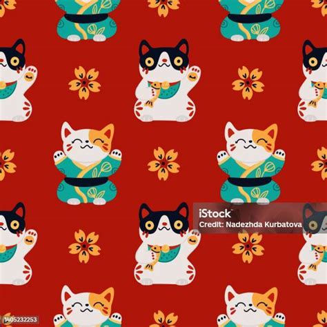 원활한 일본 마네키 고양이 행운의 아시아 상징 배경 전통 기념품 발을 올린 새끼 고양이 사쿠라 꽃 행운의 부적과 동양 인쇄 화려한 벡터 패턴 고양이 새끼에 대한 스톡 벡터