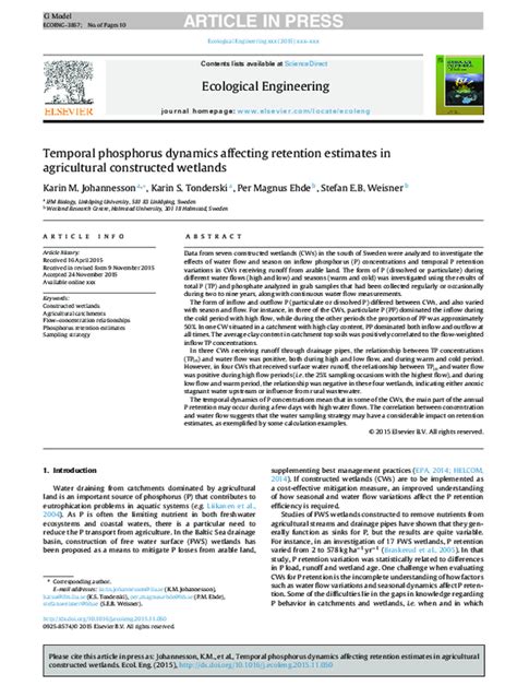 Pdf Temporal Phosphorus Dynamics Affecting Retention Estimates In Agricultural Constructed