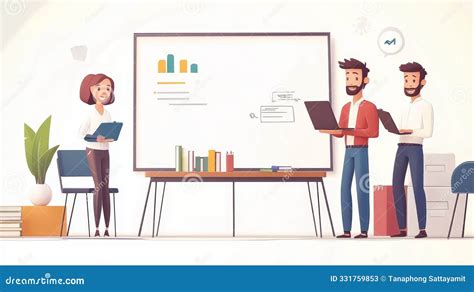 A Woman Presents Data On A Whiteboard To Two Men Using Laptops Symbolizing Collaboration