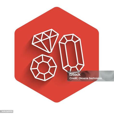 긴 그림자 배경으로 격리 된 화이트 라인 보석 돌 아이콘 보석 기호 다이아몬드 빨간 육각 버튼 벡터 0명에 대한 스톡 벡터 아트