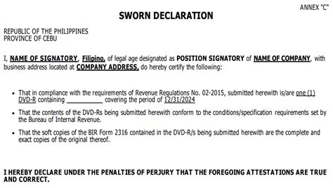 Download Bir Annex C Sworn Declaration 2316 Word Format