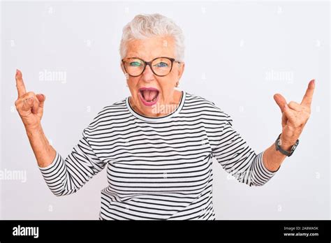 Senior Grey Haired Woman Wearing Striped Navy T Shirt Glasses Over