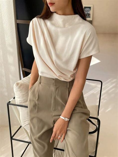 Dazy Solid Mock Neck Ruched Detail Tee Shein Usa