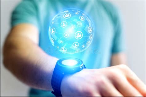 businessman holding smartwatch with network globe sphere hologram going