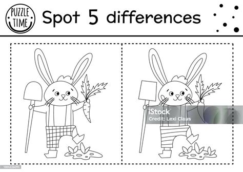 부활절은 아이들을위한 차이 게임을 찾을 수 있습니다 스페이드와 당근 재미있는 토끼와 휴일 흑백 교육 활동과 색칠 페이지 귀여운