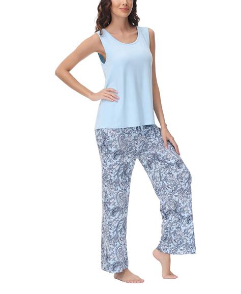 Echo Womens Solid 2 Piece Tank Top With Printed Wide Pants Pajamas Set Macys
