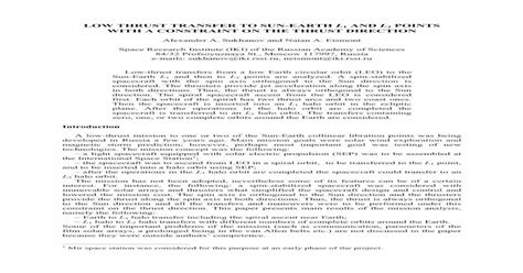 Pdf Low Thrust Transfer To Sun Earth L1 And L2 Points … · A Low Thrust Mission To One Or Two