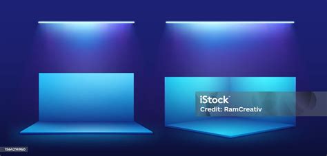 파란색 벽 모형 상단에 Led가 있는 쇼룸 빈 스탠드 전면 및 측면도 박람회에 대한 스톡 벡터 아트 및 기타 이미지 박람회 부스 키오스크 Istock