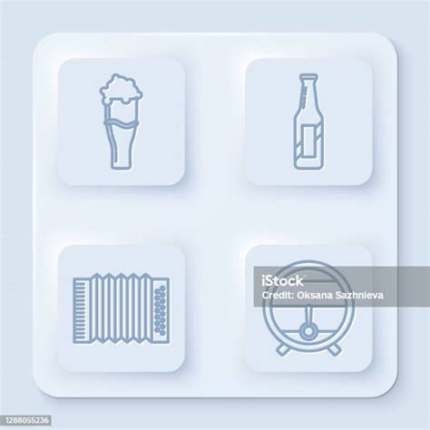 맥주 맥주 병 악기 아코디언 및 스톱콕랙에 나무 통을 설정합니다 흰색 정사각형 버튼 벡터 0명에 대한 스톡 벡터 아트 및 기타
