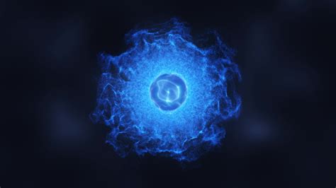 Abstract Energy Blue Sphere Atom With Electrons Flying Glowing Particles And Magic Field