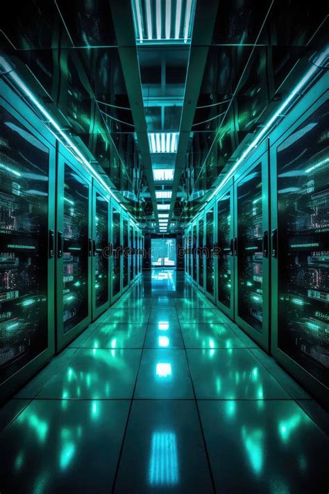 Modern Data Center Corridor Illuminated With Teal Lighting Stock Illustration Illustration Of