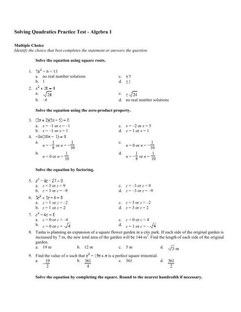 Solving Quadratics Practice Test With Answers