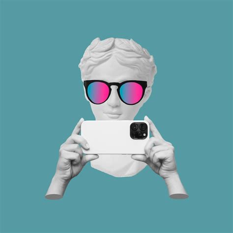 Premium Photo Antique Statues Head In Sunglasses Holding Mobile Phone With Photo Camera In