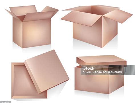 배달 판지 상자 모형 세트 선물 상자의 컬렉션 흰색 배경에 고립 된 열린 및 폐쇄 상자의 포장 밝은 선물 상자 벡터 일러스트레이션 개체 그룹에 대한 스톡 벡터 아트 및 기타