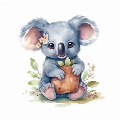 귀여운 코알라 곰의 수채화 그림 흰색 배경에 고립 프리미엄 사진