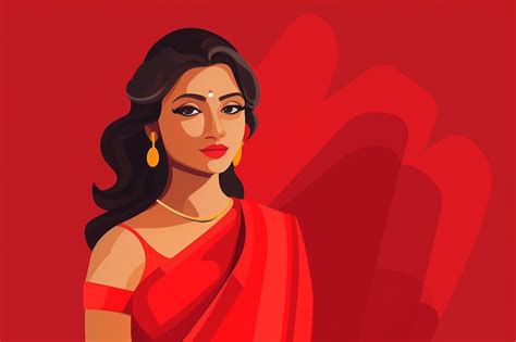 색 바탕에 고립된 빨간 사리 ⁇ 터 일러스트레이션의 인도 여성 프리미엄 사진
