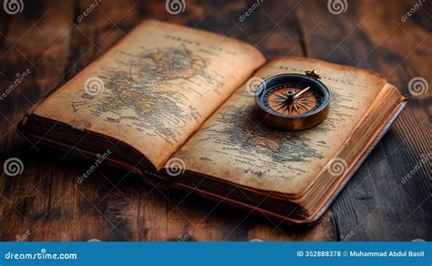 An Antique Book With A Map And A Compass Symbolizing Exploration And