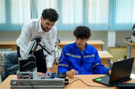 premium photo trainee robotics engineer learning with programming and