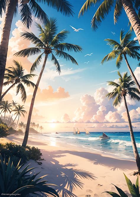 야자수와 물 위의 보트가 있는 해변 그림 Seaart Ai