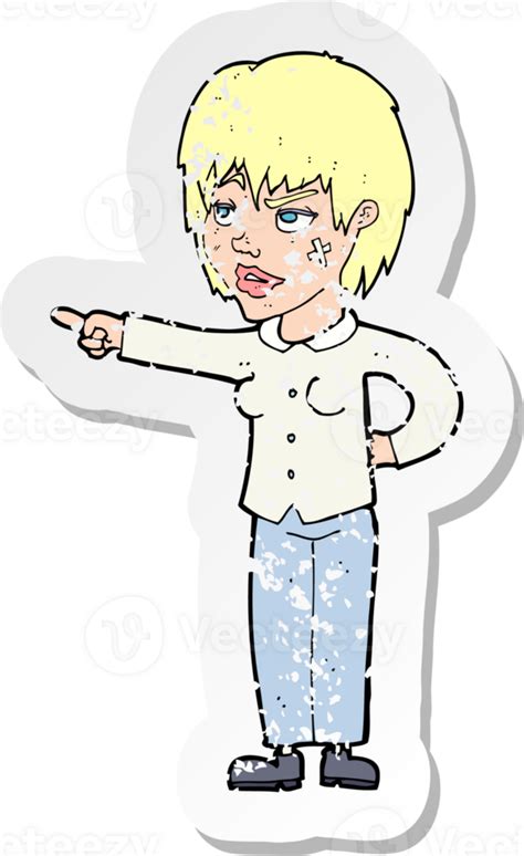Retro Afligido Pegatina De Un Dibujos Animados Mujer Señalando Dibujo