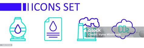 클라우드 석유 및 가스 산업 공장 계약 돈 펜 및 탱크 저장 아이콘에서 라인 Co2 배출량을 설정합니다 벡터 0명에 대한 스톡