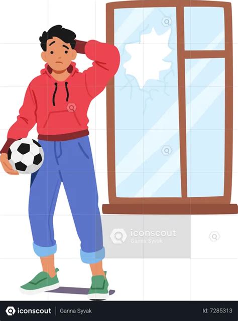 Obtén Niño Rompió La Ventana Con Una Pelota Illustration De Por