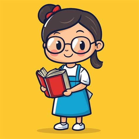 A Cartoon Of A Girl Holding A Book With Glasses And A Blue Skirt