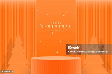 호화스러운 현실적인 주황색 3d 실린더 연단 받침대 또는 제품 디스플레이 스탠드는 크리스마스 트리 커튼 및 눈 배경이 있습니다