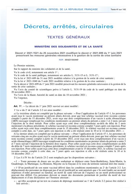 Décret N°2021 1521 Du 25 Novembre 2021 Modifiant Le Décret N°2021 699