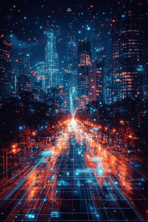 Futuristic Cityscape Illustrating Urban Connectivity And Digital Technology Integration Stock