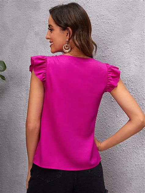SHEIN Clasi Scallop Edge V Neck Ruffle Armhole Top SHEIN USA