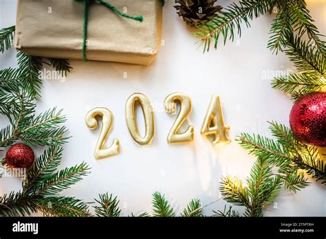 Golden Numerals 2024 On White Background With Craft T Christmas
